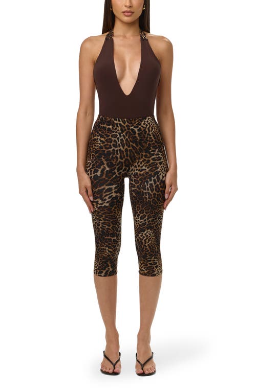NAKED WARDROBE Naked Wardrobe Deep Plunge Halter Bodysuit in Animal Print